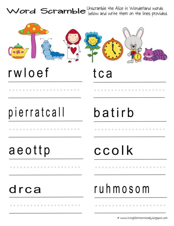 FREE Printable Alice in Wonderland Worksheets for Kids