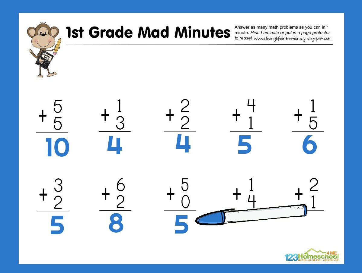 FREE 1st Grade Printable Math Worksheets & First Grade Mad Minutes!