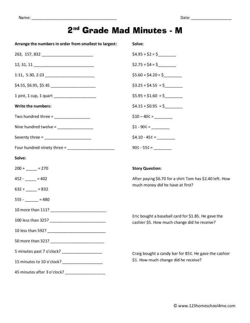 ️ FREE Printable 2nd Grade Math Minutes Worksheets pdf