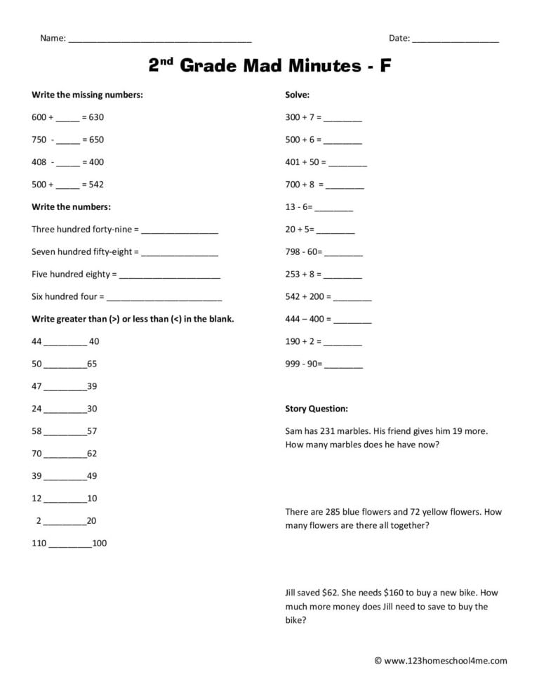 ️ FREE Printable 2nd Grade Math Minutes Worksheets pdf