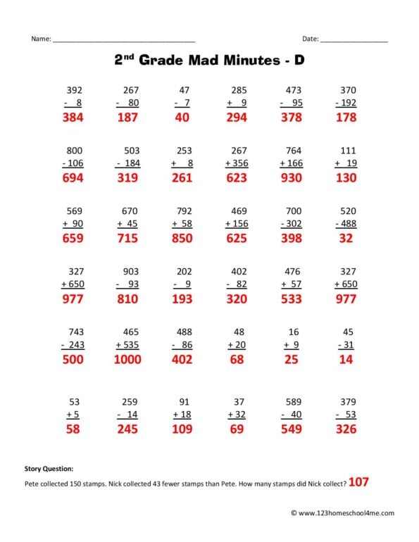 ️ FREE Printable 2nd Grade Math Minutes Worksheets pdf