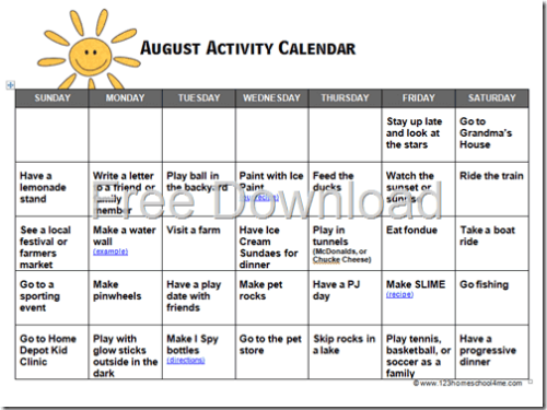 August Activity Calendar for Kids
