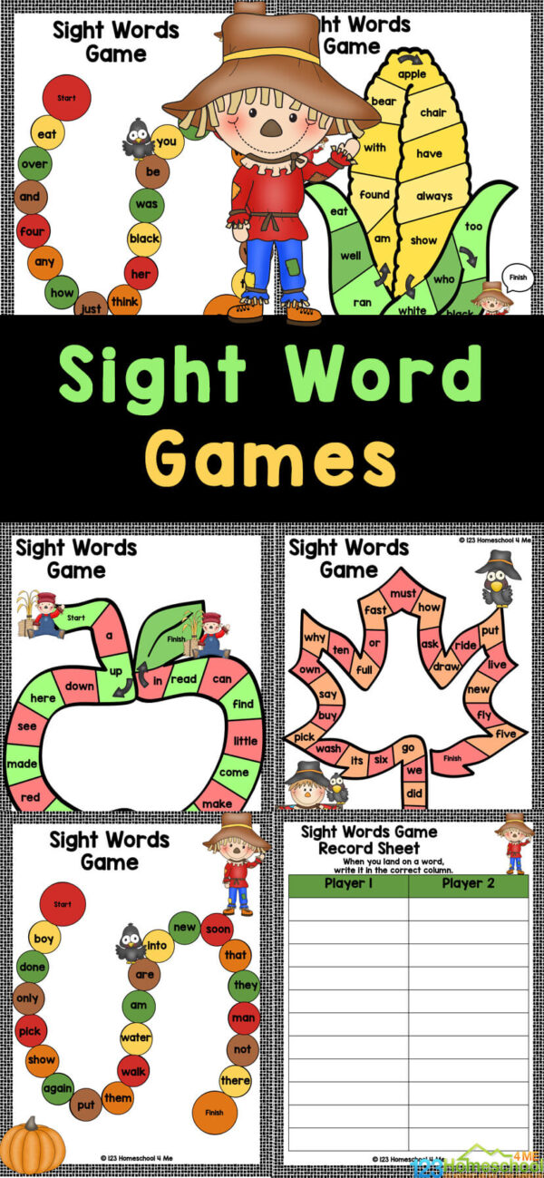 Free Printable Scarecrow Sight Word Games for Kindergarten