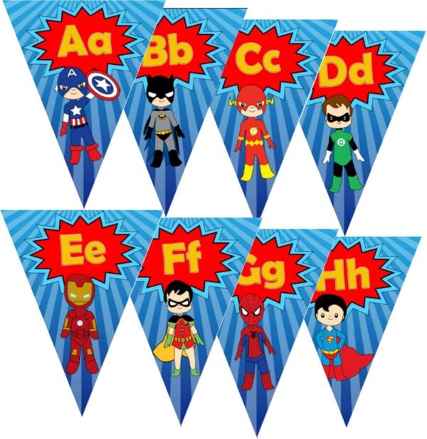 FREE Super Hero Alphabet Printable Pennant Cards for Wall