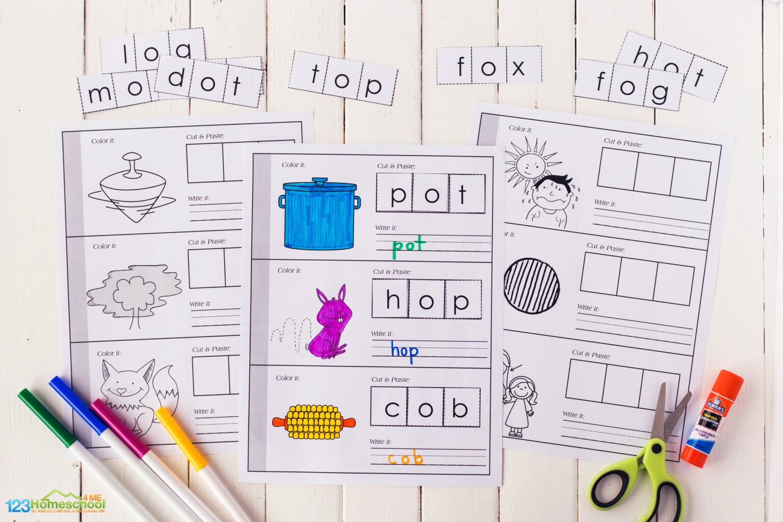 FREE Printable Short o CVC Words Cut and Paste Worksheets