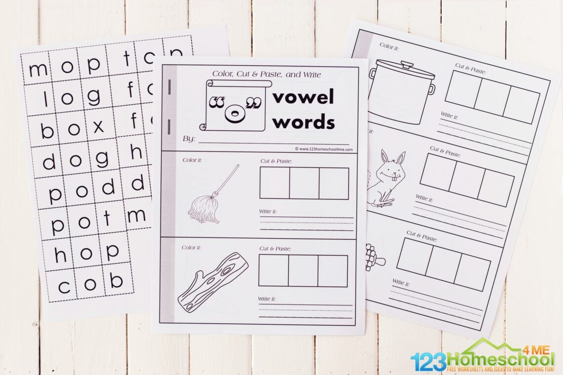 FREE Printable Short o CVC Words Cut and Paste Worksheets
