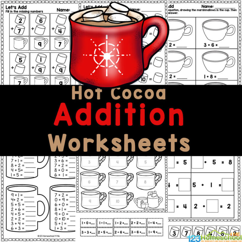 Hot Cocoa & Marshmallow Addition Worksheets for Kindergarten