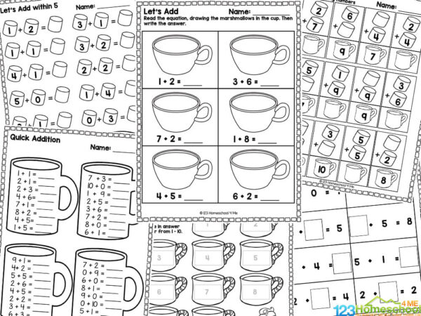 Hot Cocoa & Marshmallow Addition Worksheets for Kindergarten