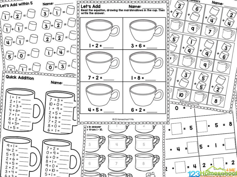 Hot Cocoa & Marshmallow Addition Worksheets for Kindergarten