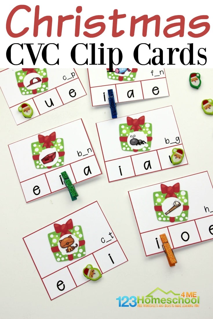 🎅 FREE Christmas CVC Words Clip Cards