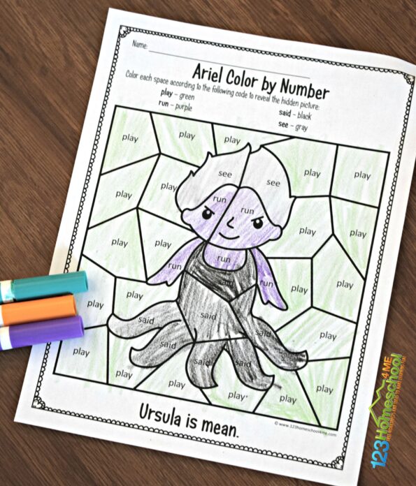 🔱 FREE Little Mermaid Color by Sight Word Worksheets