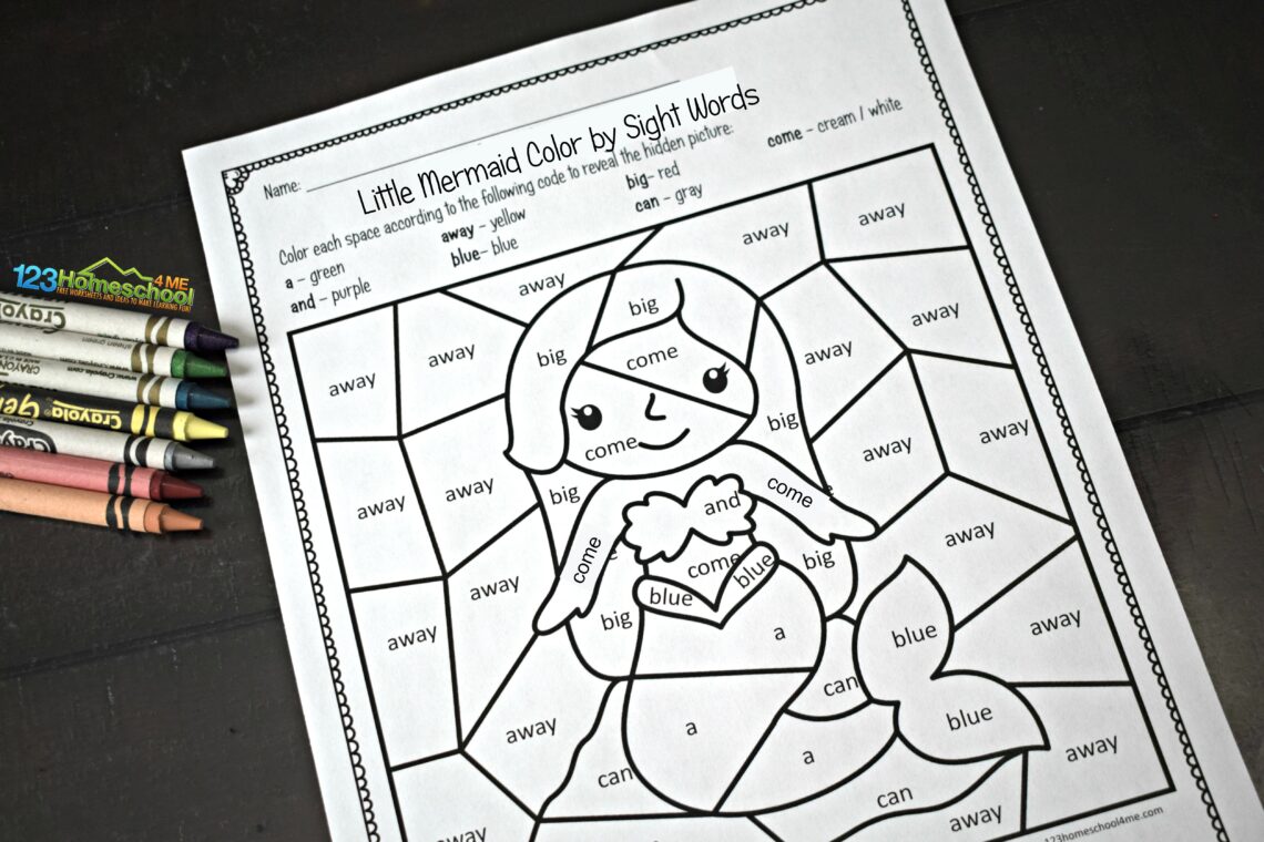 🔱 FREE Little Mermaid Color by Sight Word Worksheets