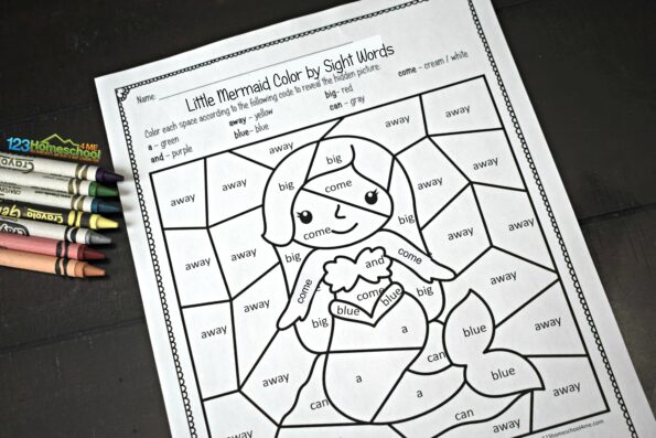 🔱 FREE Little Mermaid Color by Sight Word Worksheets