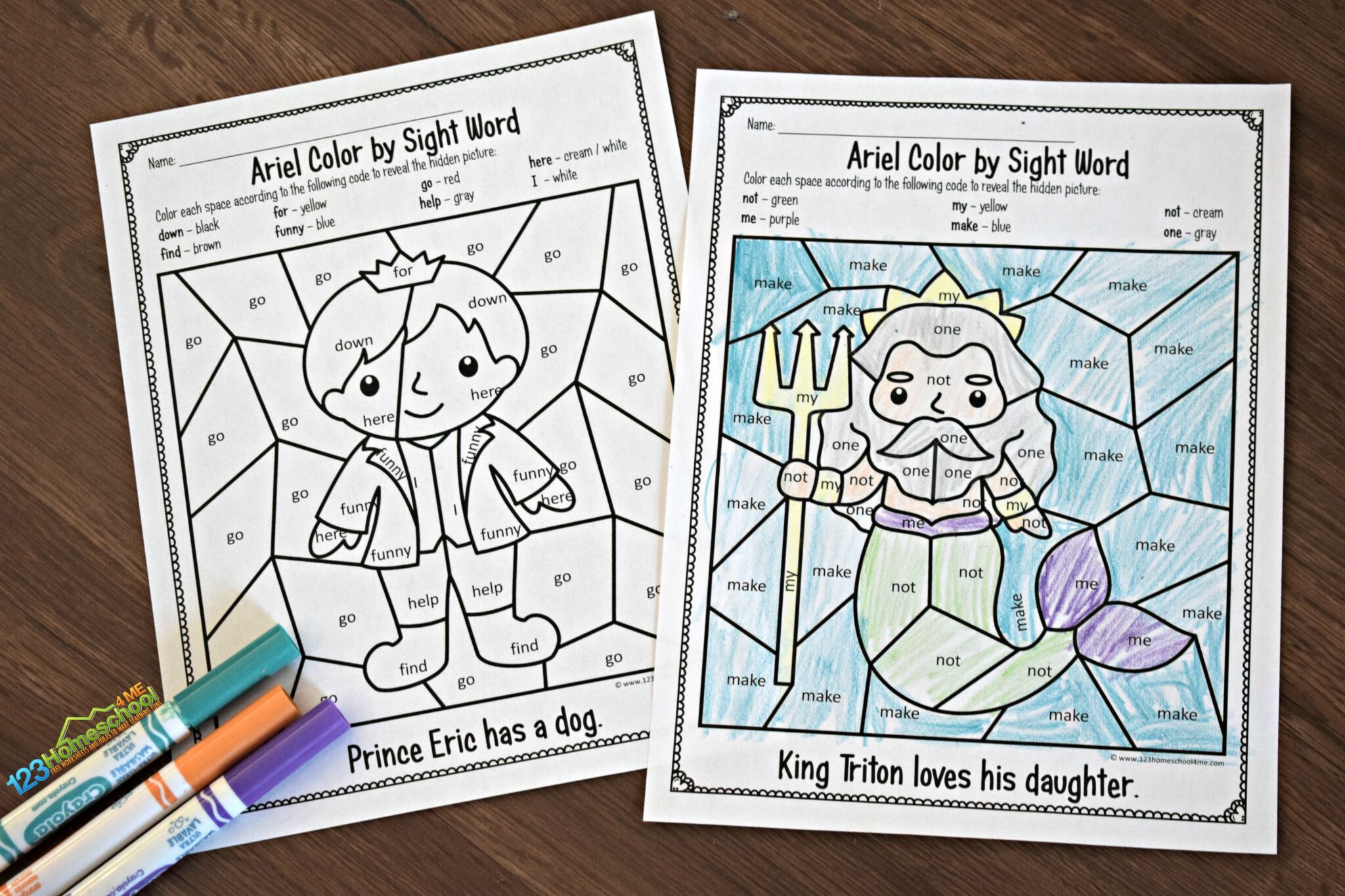 🔱 FREE Little Mermaid Color by Sight Word Worksheets