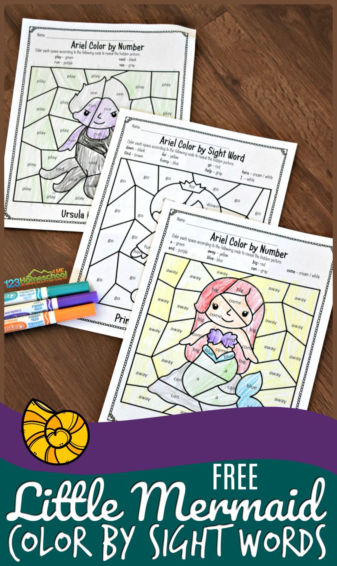 🔱 FREE Little Mermaid Color by Sight Word Worksheets