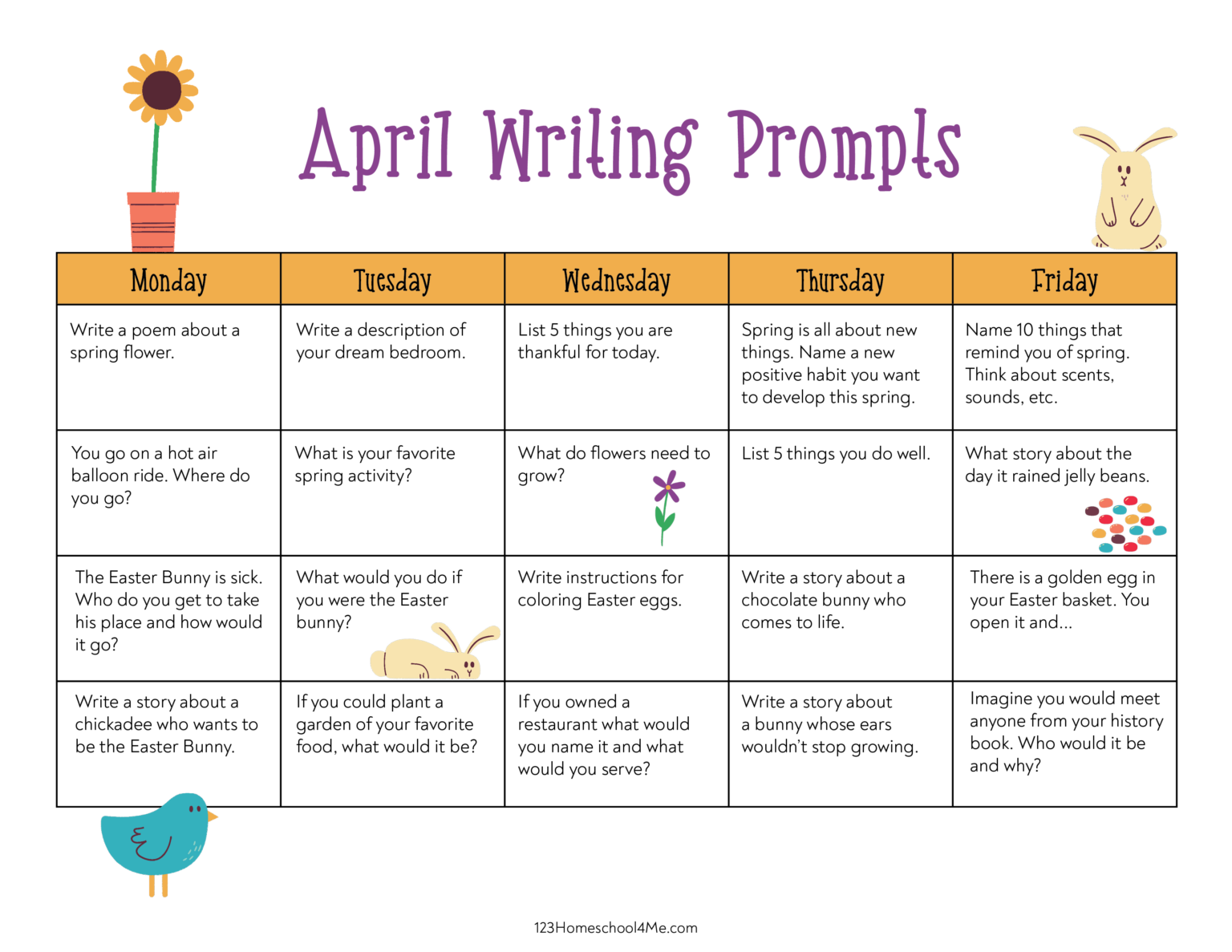 ️ FREE Printable April Writing Prompts Calendar