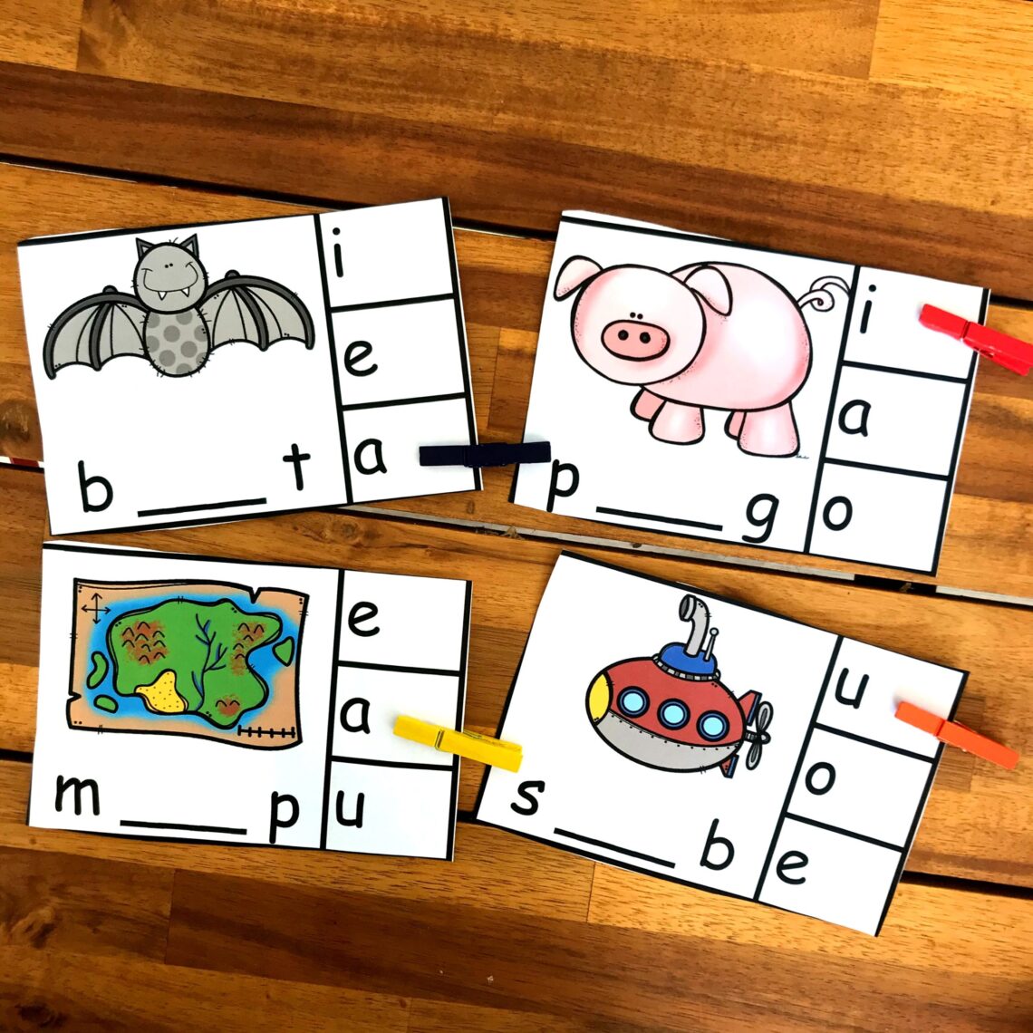 FREE Printable Missing Vowels Clip Cards Activity for Kindergarten
