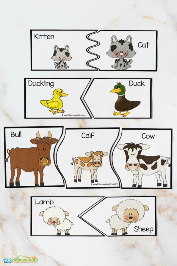 🐔 FREE Farm Animals and their Babies Printables Puzzles Activities