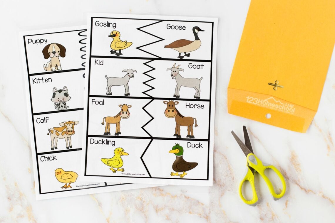 🐔 FREE Farm Animals and their Babies Printables Puzzles Activities