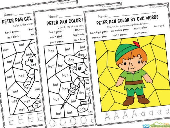 FREE Peter Pan Color by CVC Word Worksheets