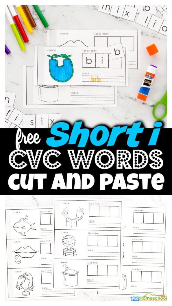 FREE Printable Short i CVC Words Cut and Paste Worksheets