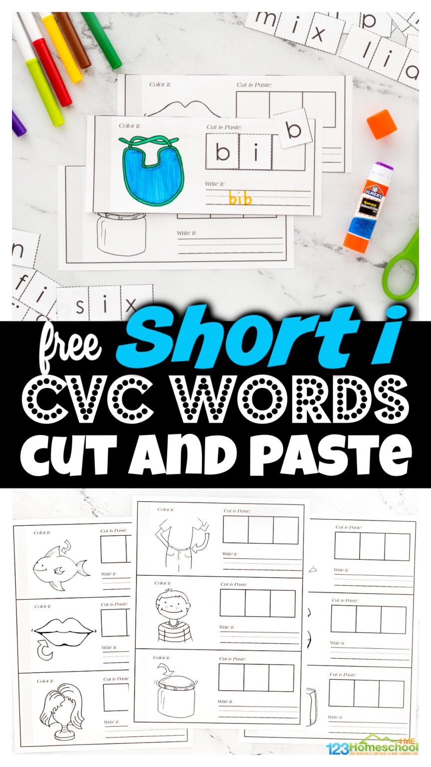 FREE Printable Short i CVC Words Cut and Paste Worksheets