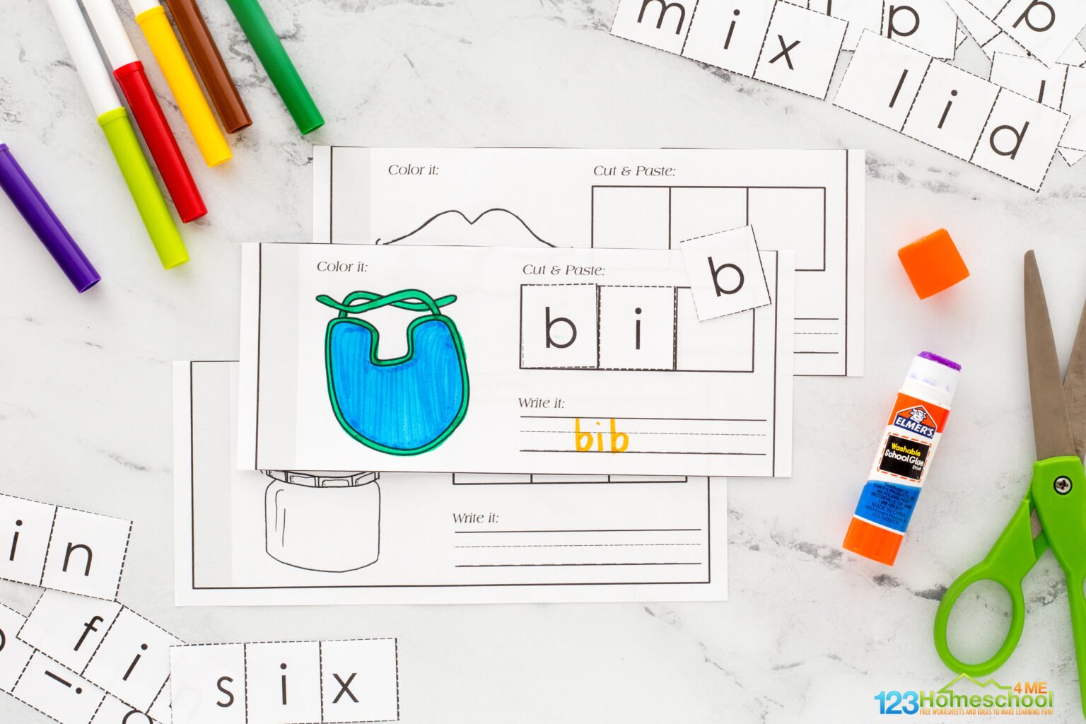 FREE Printable Short i CVC Words Cut and Paste Worksheets