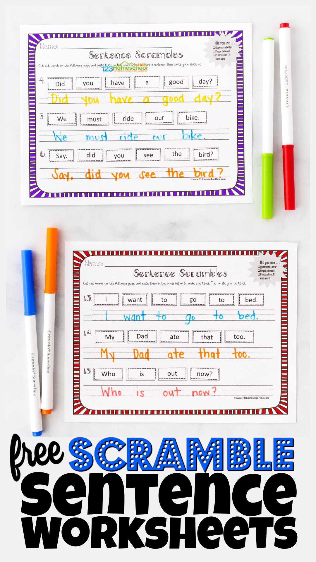 FREE Printable Sentence Scramble Worksheets for Kids