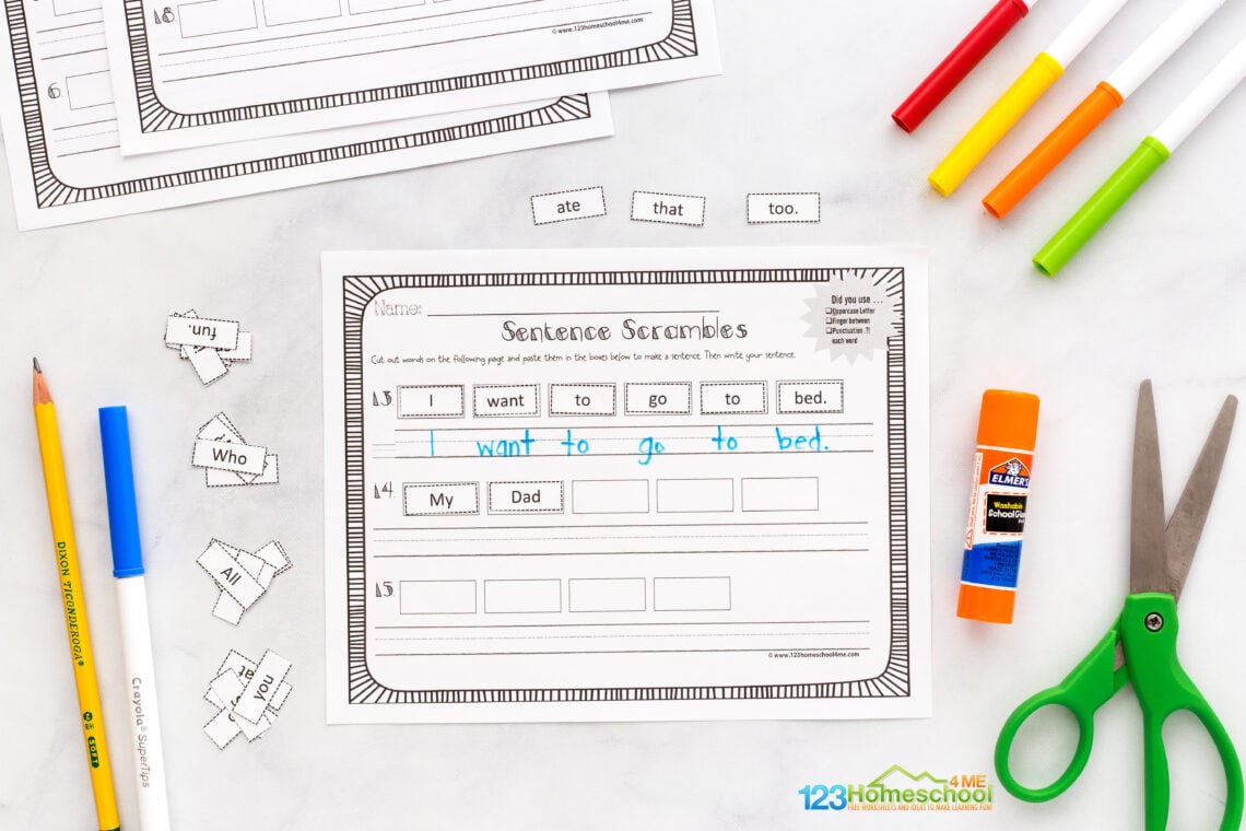 FREE Printable Sentence Scramble Worksheets for Kids