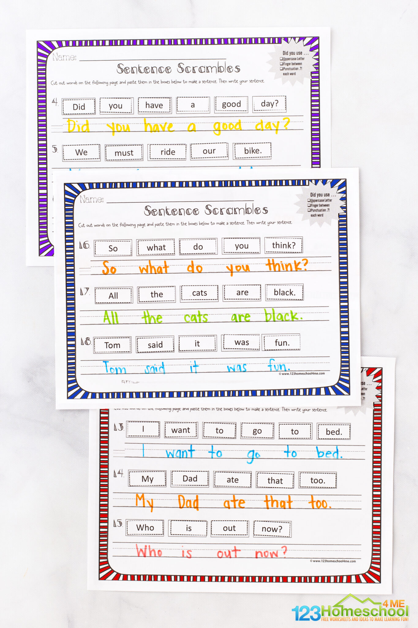 FREE Printable Sentence Scramble Worksheets for Kids