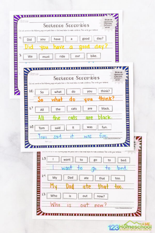 FREE Printable Sentence Scramble Worksheets for Kids