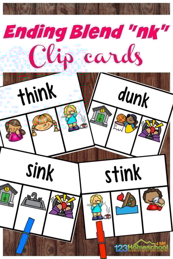 FREE "nk" Ending Consonant Blends Clip Cards Activity