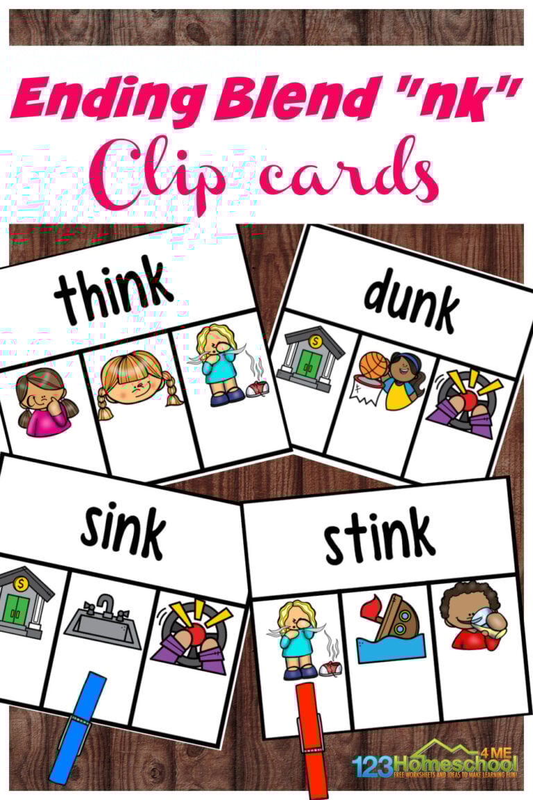 FREE "nk" Ending Consonant Blends Clip Cards Activity