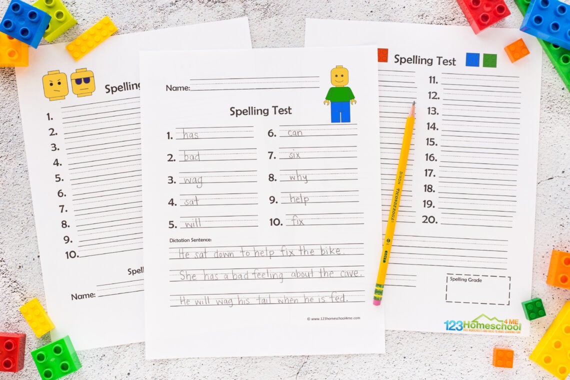FREE Printable Lego Spelling Test for Kids