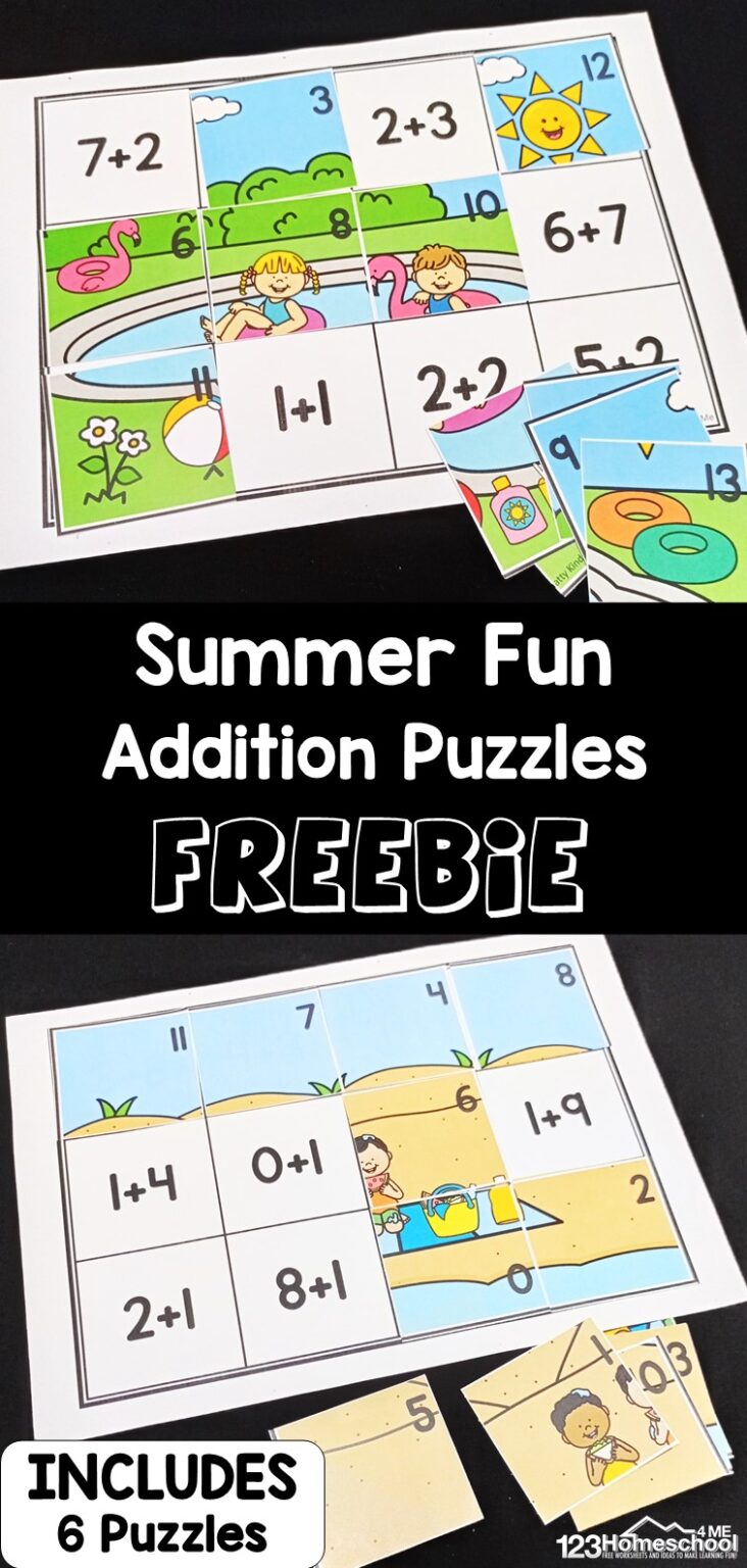 🌞 FREE Addition up to 20 Summer Math Puzzle Worksheets