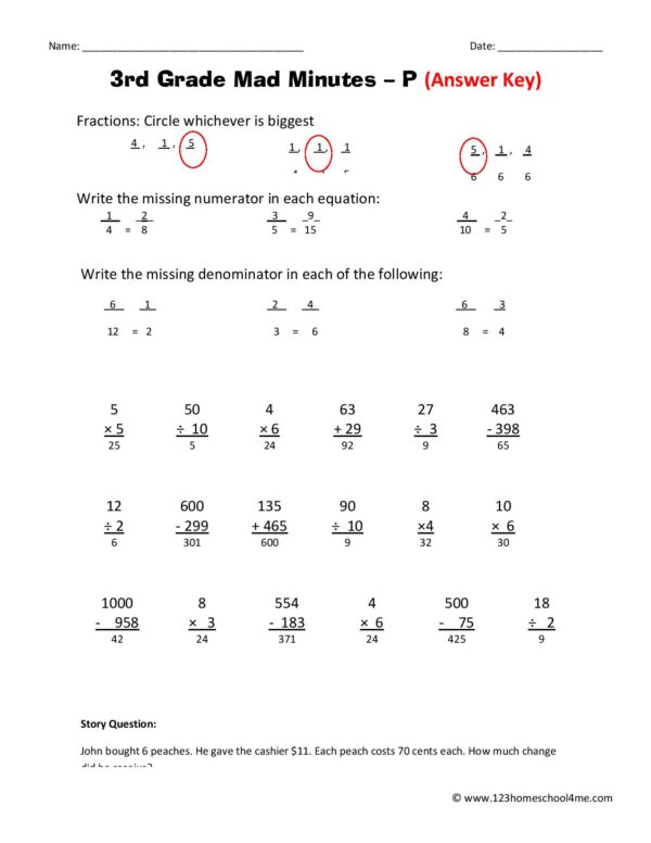 FREE Printable 3rd Grade Math Minutes Worksheets pdf