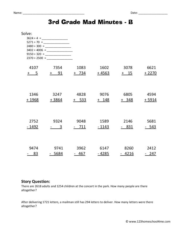 FREE Printable 3rd Grade Math Minutes Worksheets pdf