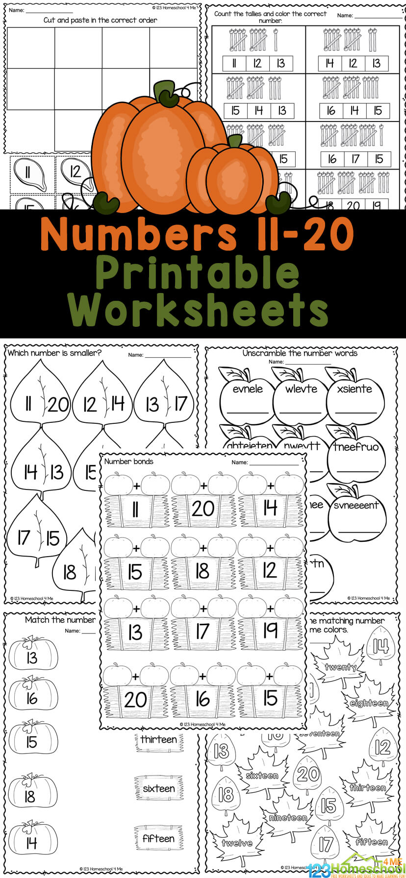 🍂 FREE Printable Fall Math Numbers 11 to 20 Worksheets