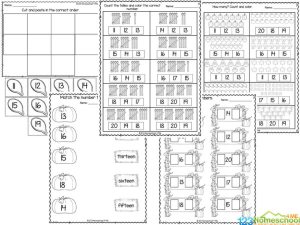 🍂 FREE Printable Fall Math Numbers 11 to 20 Worksheets