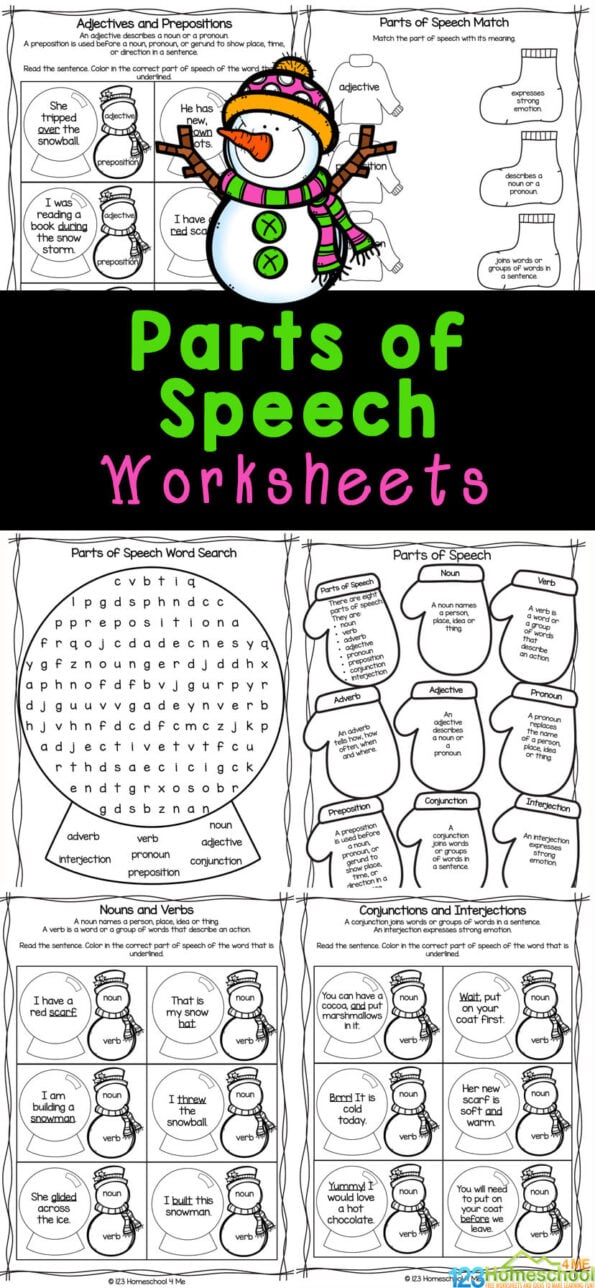 ⛄ FREE Printable Winter Snowman Parts of Speech Grammar Worksheets