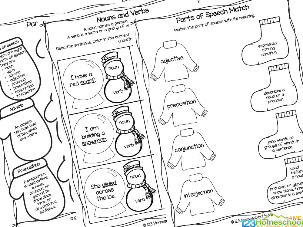 ⛄ FREE Printable Winter Snowman Parts of Speech Grammar Worksheets