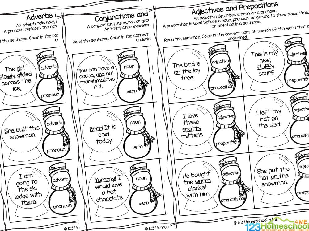 ⛄ FREE Printable Winter Snowman Parts of Speech Grammar Worksheets
