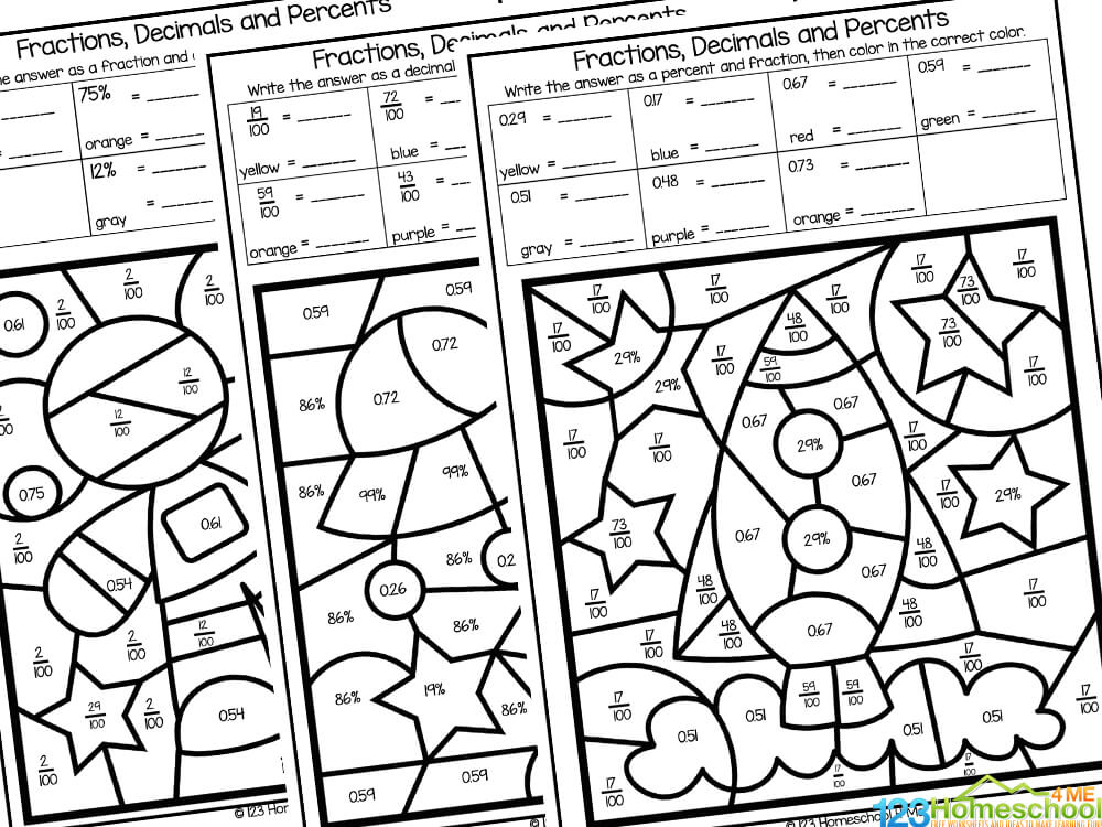 FREE Printable Decimals, Fractions and Percents Worksheets