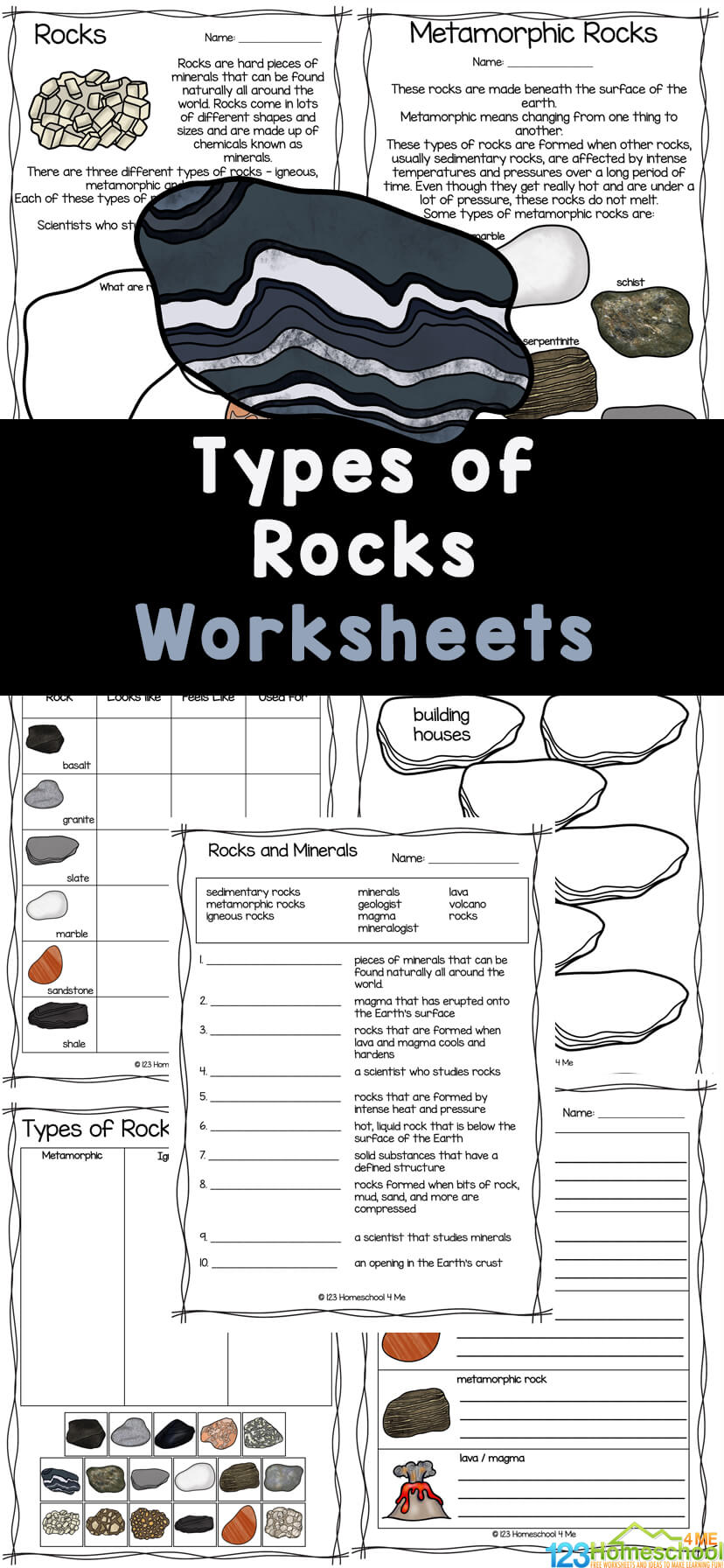 FREE Types of Rocks Worksheets (inlcudes Rock Life Cycle Diagram)