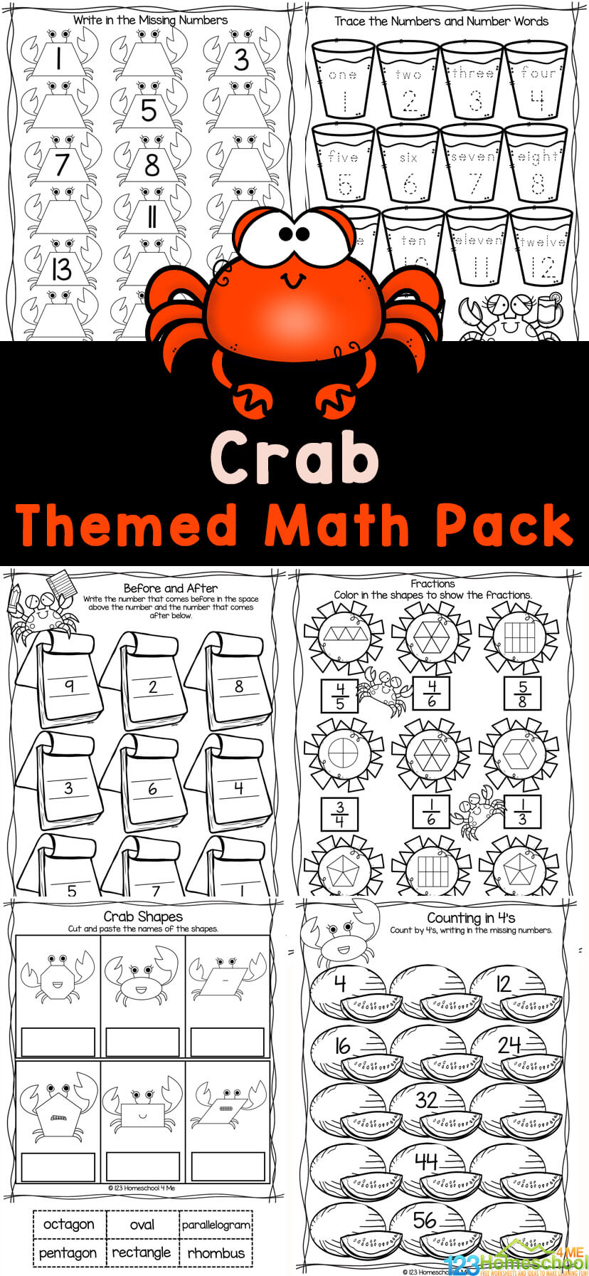 🦀 FREE Summer Crab Math Worksheets for Preschool and Kindergarten