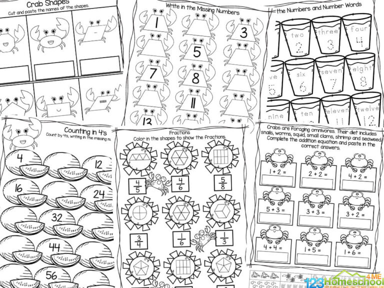 🦀 FREE Summer Crab Math Worksheets for Preschool and Kindergarten
