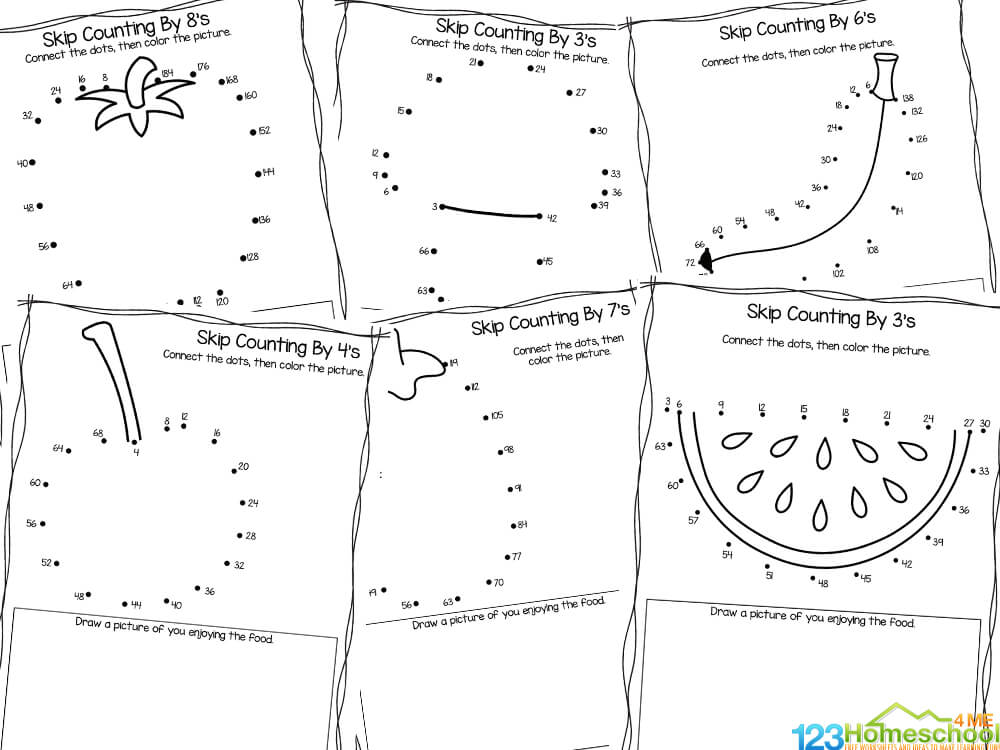 FREE Printable Fruit and Vegetable Dot-to-Dot Skip Counting Worksheets