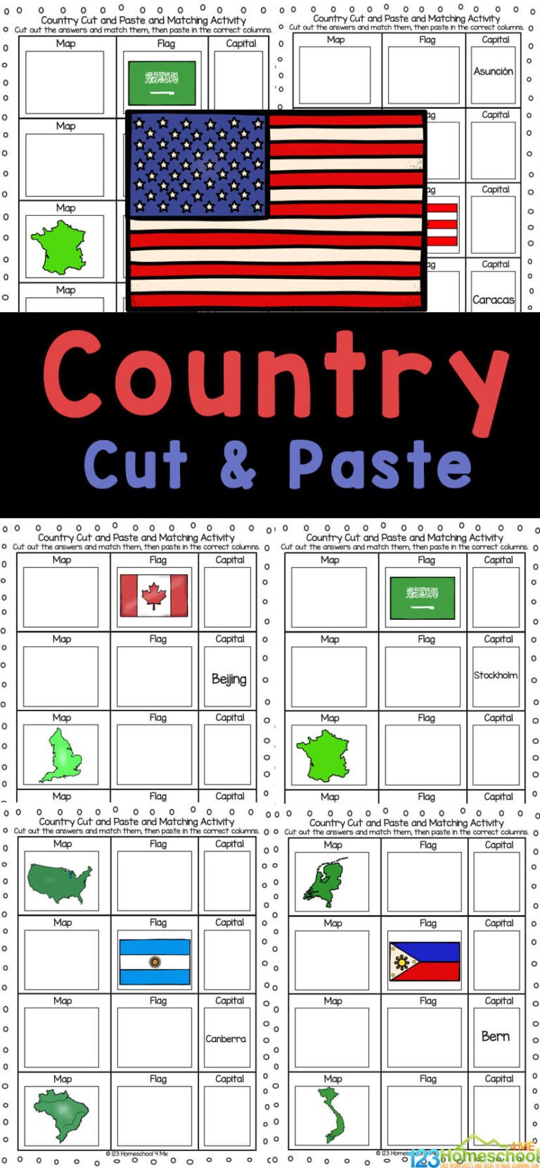 FREE Printable Cut-and-Paste Country Worksheets