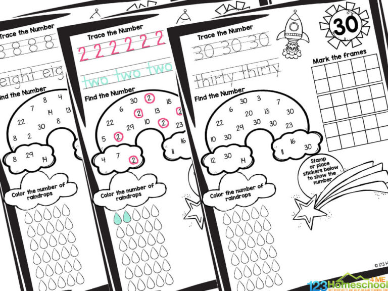 FREE Printable Kindergarten Tracing Number Practice Worksheets 1-30 pdf