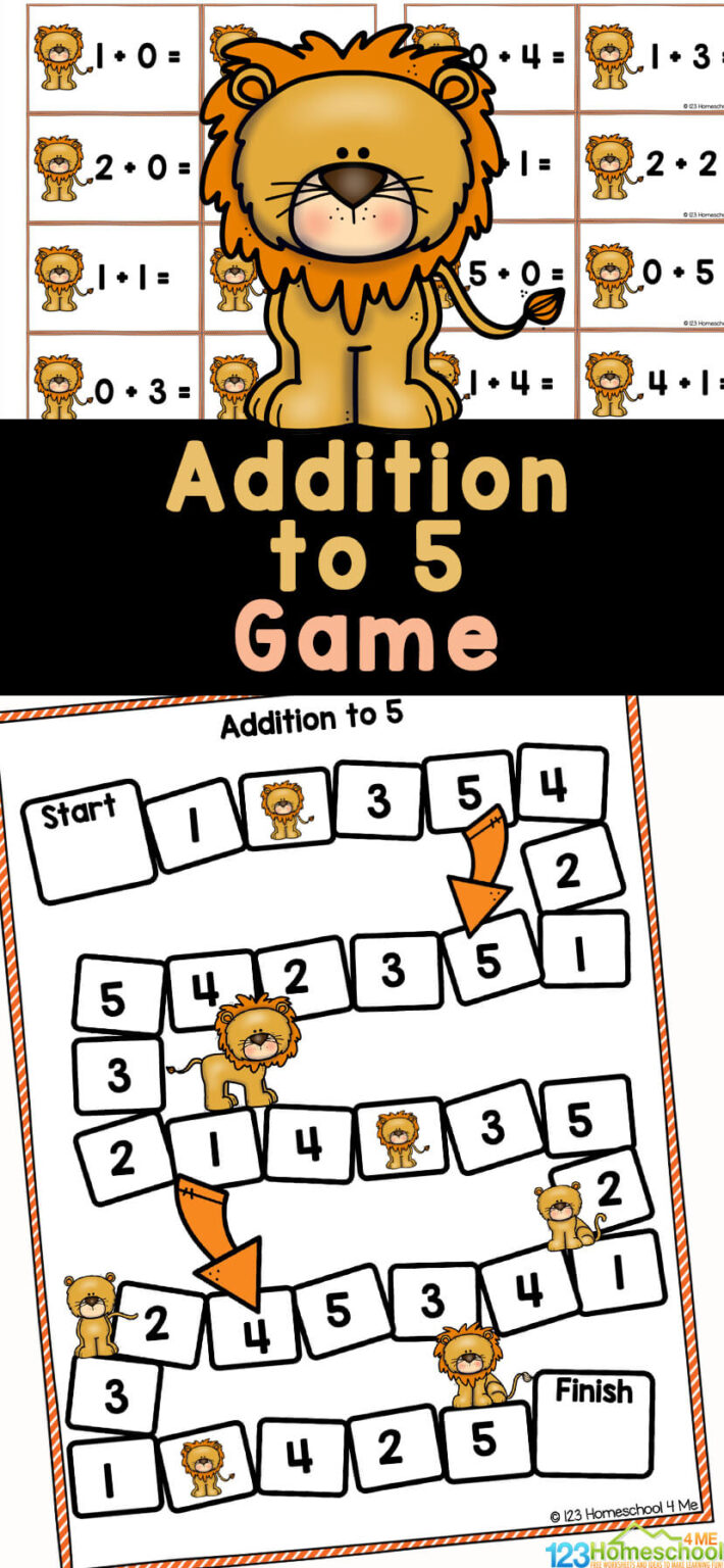 🦁 FREE Printable Lion Addition to 5 Math Games